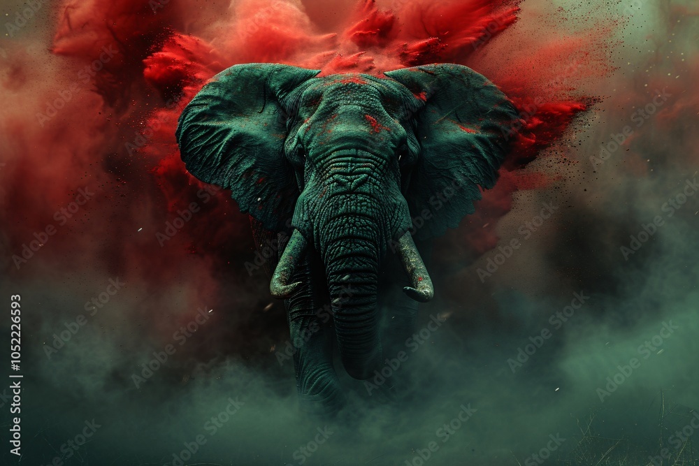 Elephant with red powder explosion background. Hindu festival of the ...