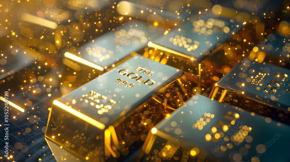Shiny gold bars surrounded by glowing light particles, symbolizing luxury, wealth, and financial ...