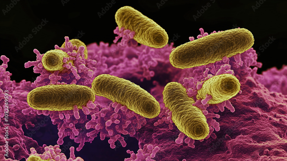 Magnified image of bacteria cells being attacked by disinfectant ...