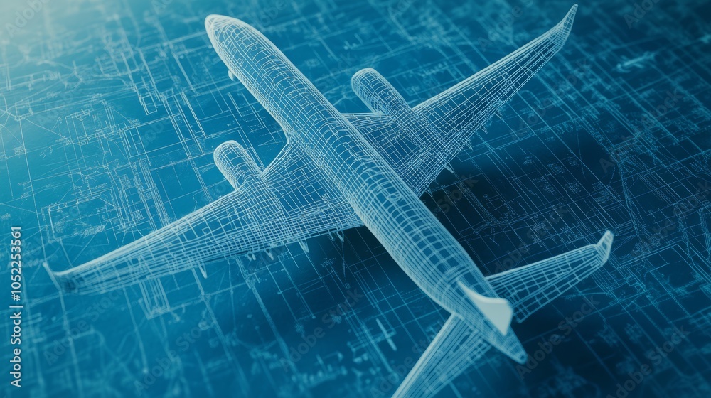 Wireframe airplane model is hovering over blueprints. Suggesting ...