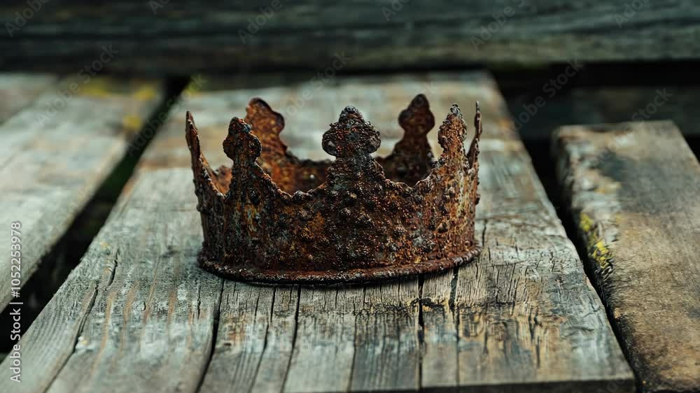 A rusty crown sits on a weathered wooden surface, hinting at a ...