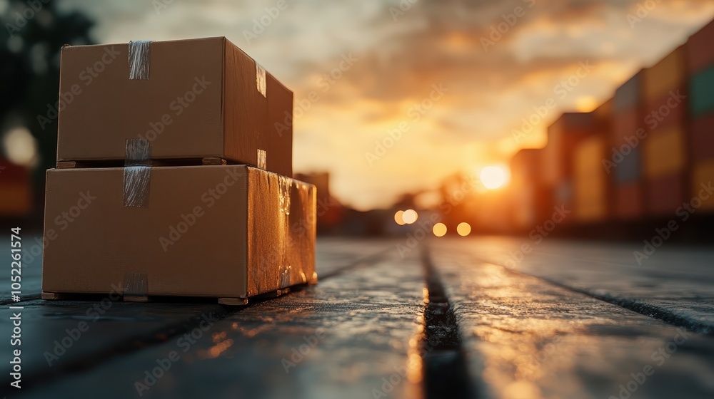 Two stacked cardboard boxes rest on wet pavement, caught in the glow of ...
