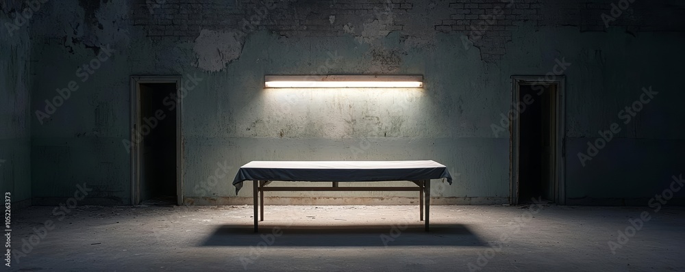 Derelict hospital interior, morgue table bathed in dim light, peeling ...
