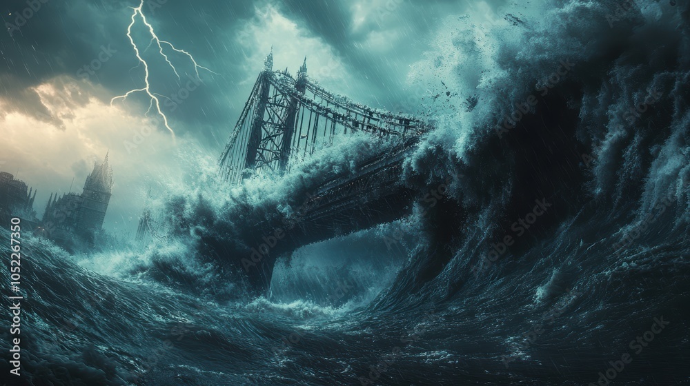 Cyberpunk style, seawater pouring in, tsunami, bridge slammed by waves ...
