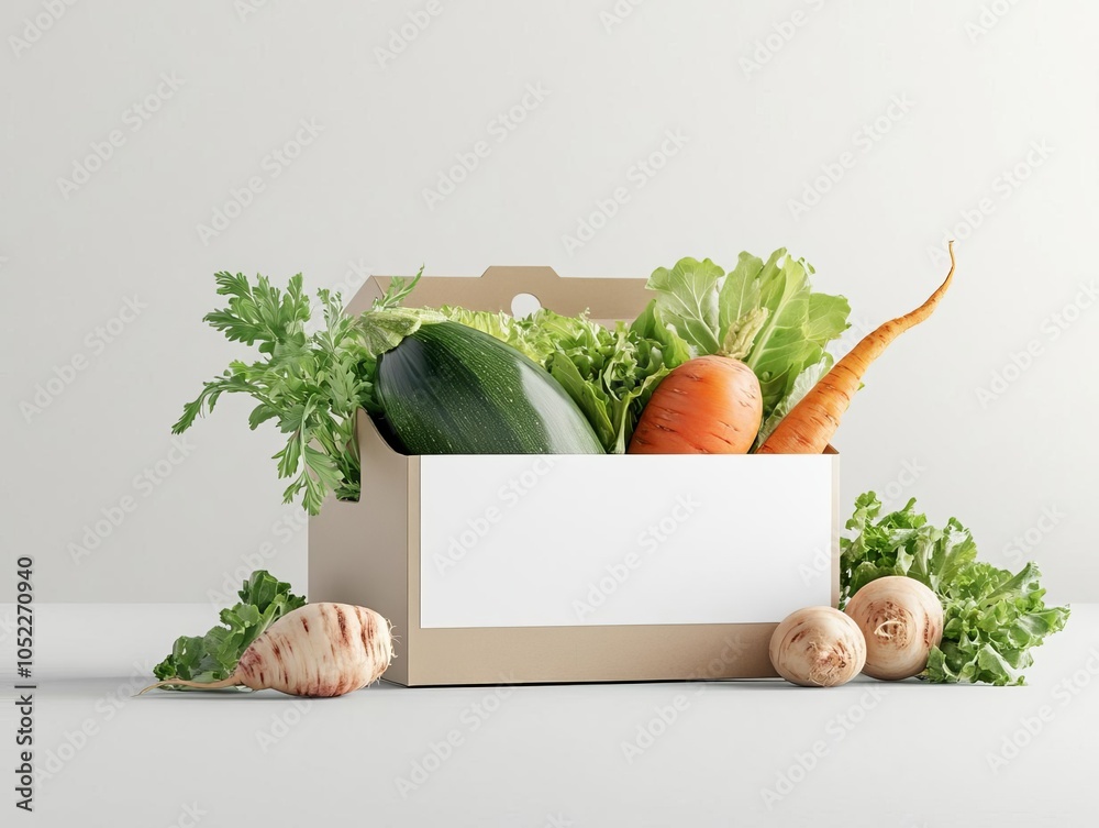 Vegetable packaging box with a blank label on the side, filled with ...