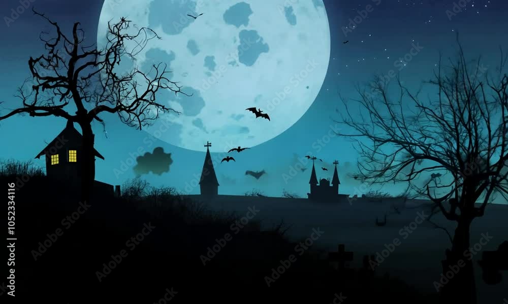 A spooky Halloween night scene with a full moon, bats, and a haunted ...