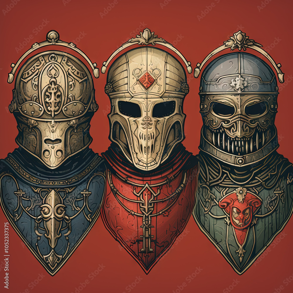 ภาพประกอบสต็อก Mystic knight portraits set in metal armor. Occult scary ...