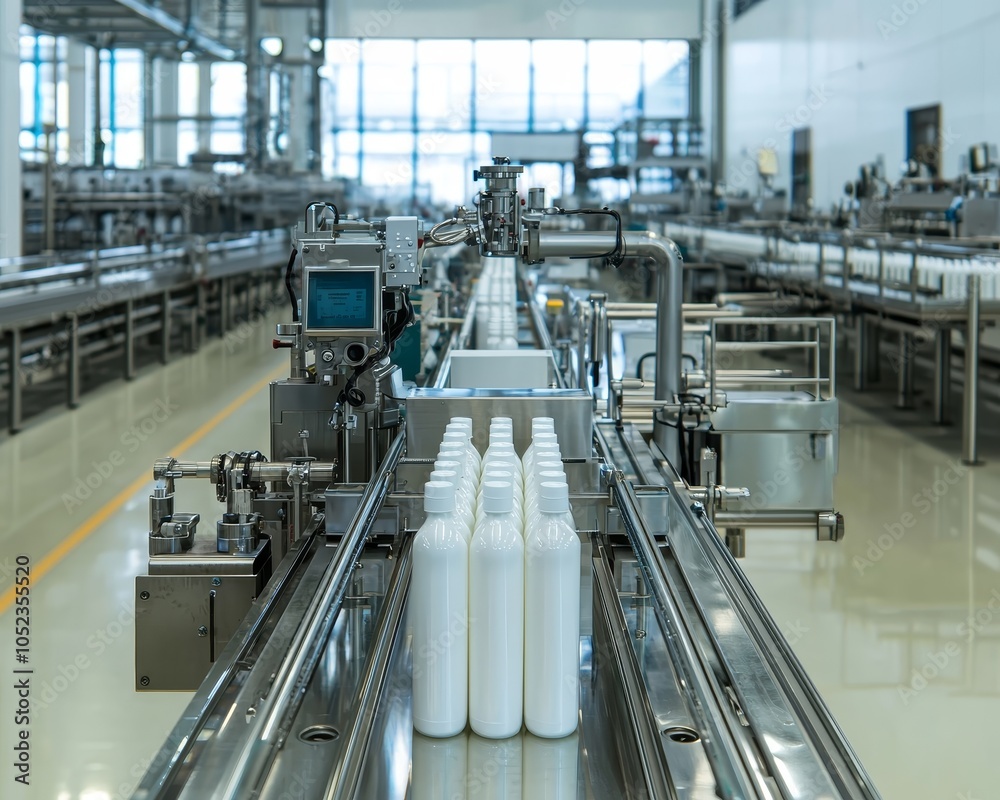 Efficient Industrial Production Line with White Plastic Bottles on ...