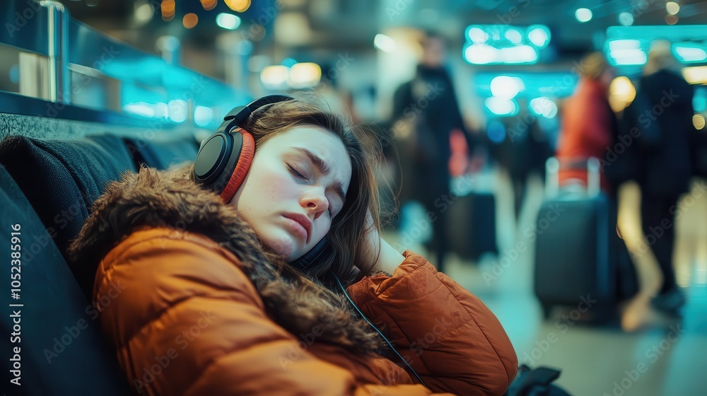 exhausted young woman wearing headphones, sleeping in a crowded airport ...