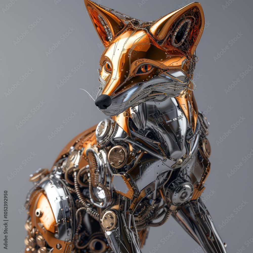 Intricate Robotic Fox with Silver and Copper Accents in Futuristic ...
