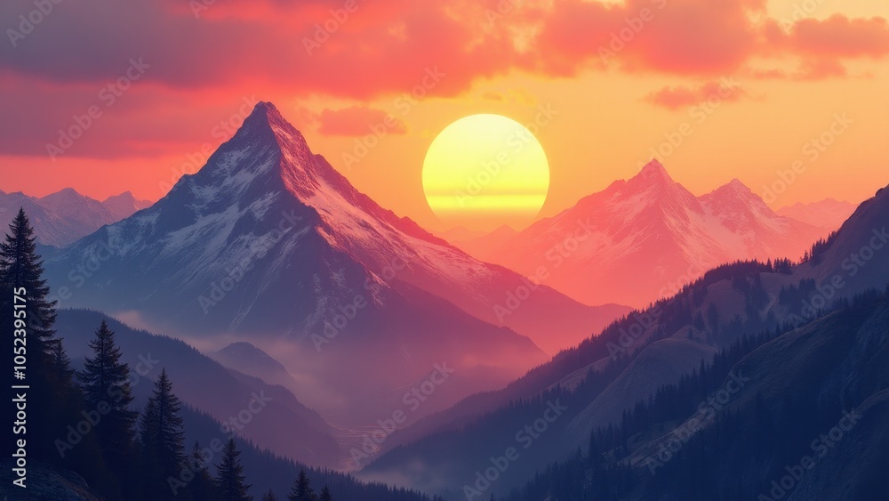 2D mountain with sun design, featuring clean lines and calming earth ...