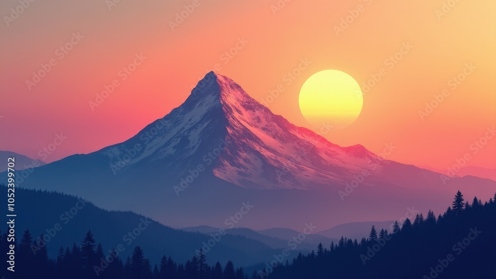 2D mountain with sun design, featuring clean lines and calming earth ...