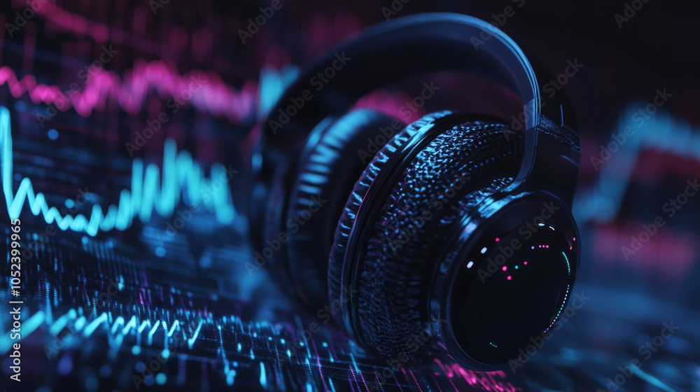 Black music headphones accompanied by glowing sound waves, creating a ...