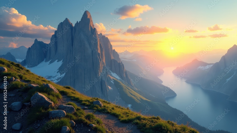 2D mountain with sun design, featuring clean lines and calming earth ...