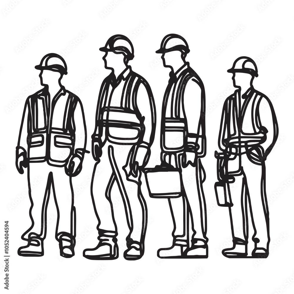 Continuous Line Drawing of Construction Workers in Safety Gear for ...