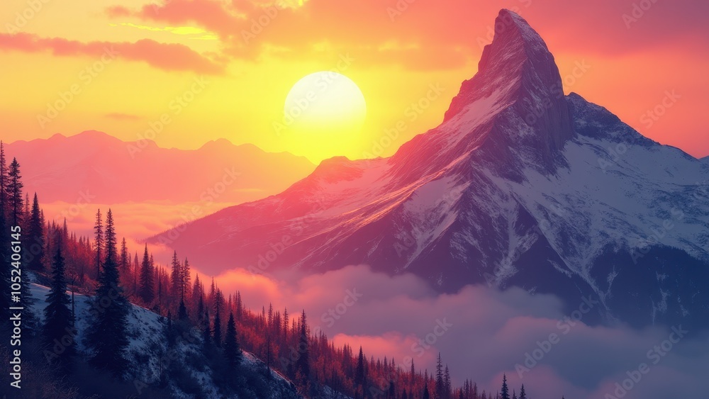 2D mountain with sun design, featuring clean lines and calming earth ...
