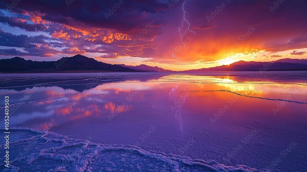 Lightning storm over salt flats at sunset Stock Photo | Adobe Stock
