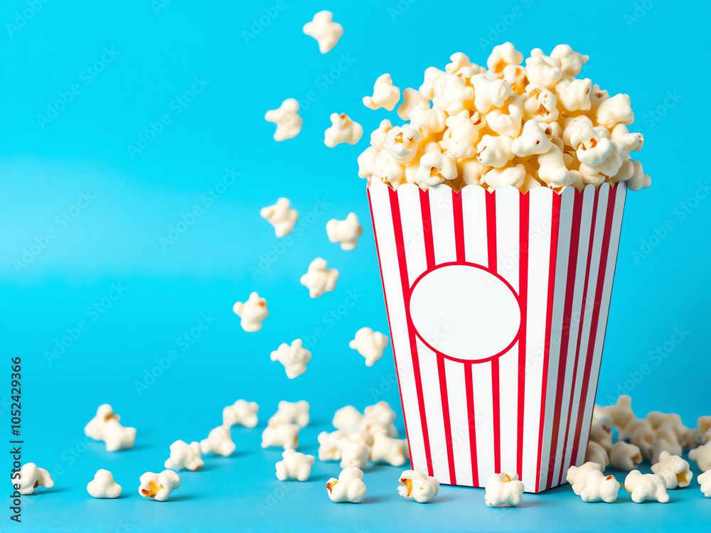 Freshly popped popcorn spills from a classic striped container against ...