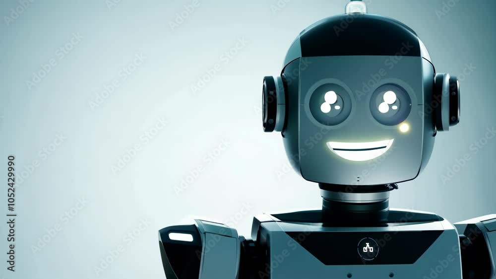 A robot with a smiling face is standing in front of a white background ...