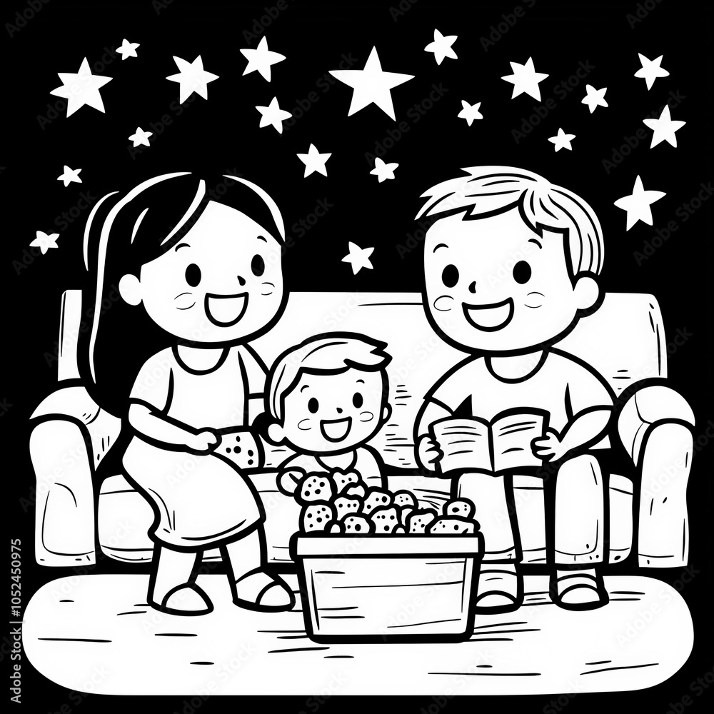 A family enjoying movie night at home, coloring page for kids, simple ...