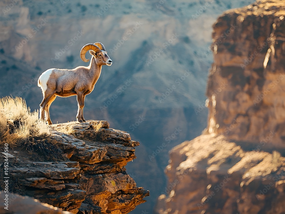 Bighorn Sheep Standing Proudly on Rocky Cliff Overlooking Dry Desert ...