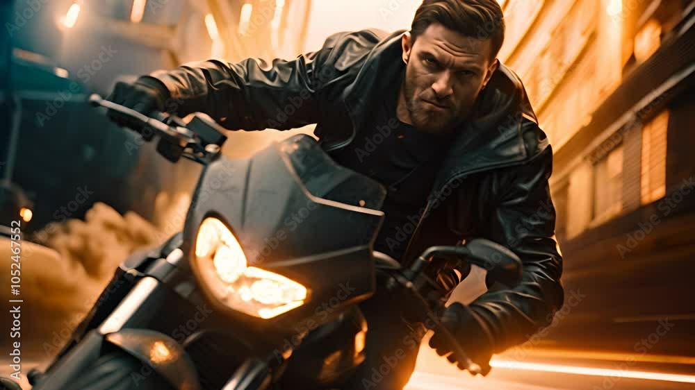 Action shot with man riding away on bike. Dynamic scene in action movie ...