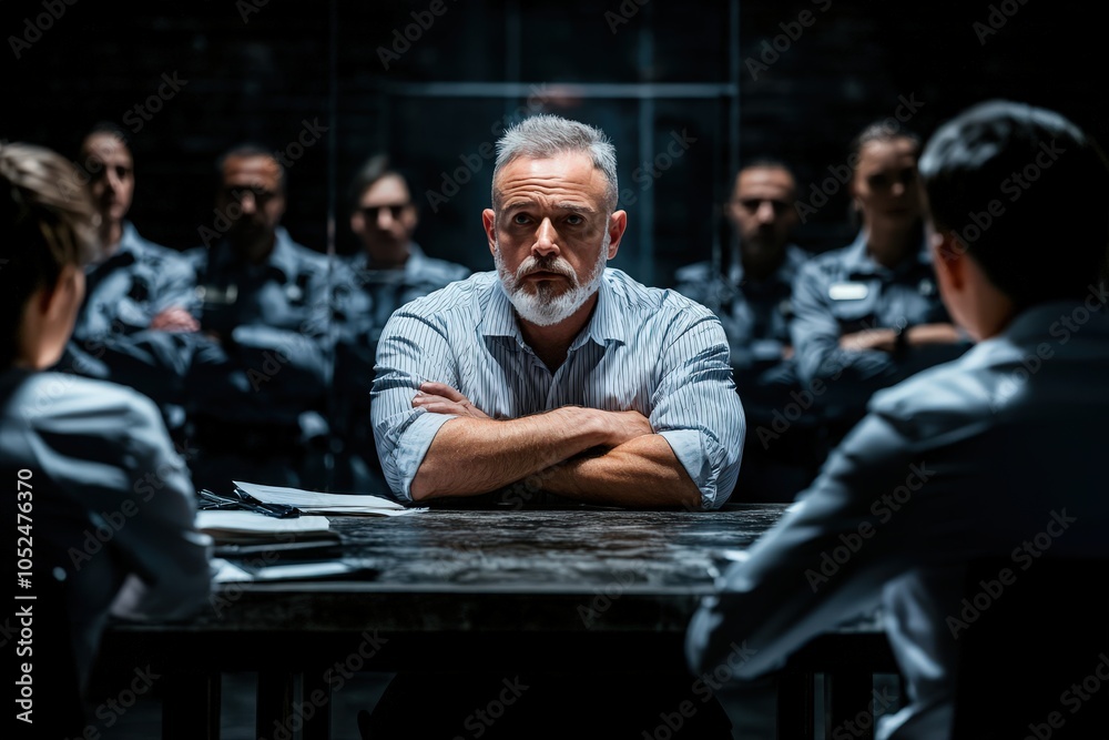 A dramatic scene unfolds in a dimly lit police station where an older ...