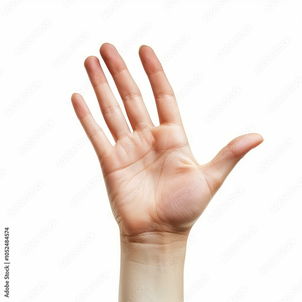 Human hand showing five fingers, making a stop signal, on white ...