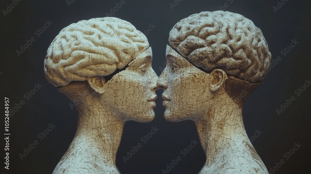 Surrealistic sculpture of two human figures facing each other, with ...