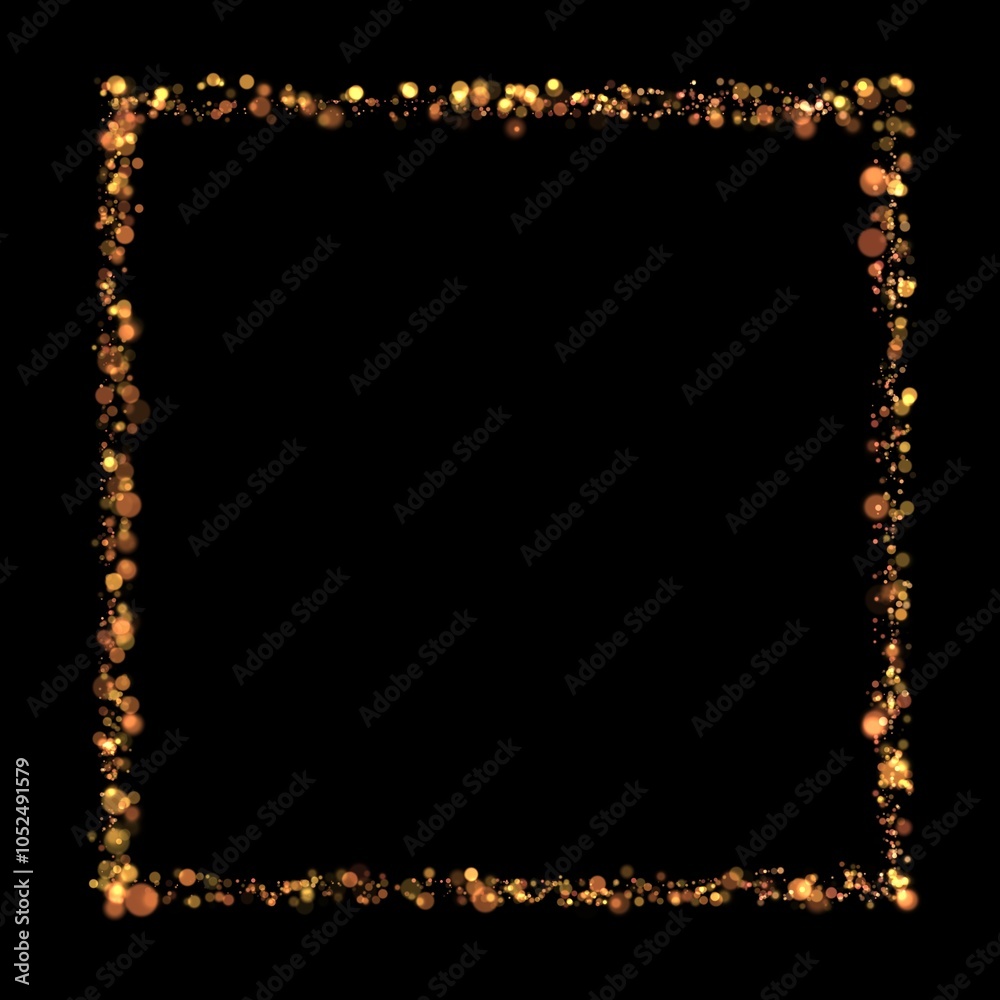 Gold sparkle or glitter lights effect square frame, transparent light bokeh, isolated. Golden ...