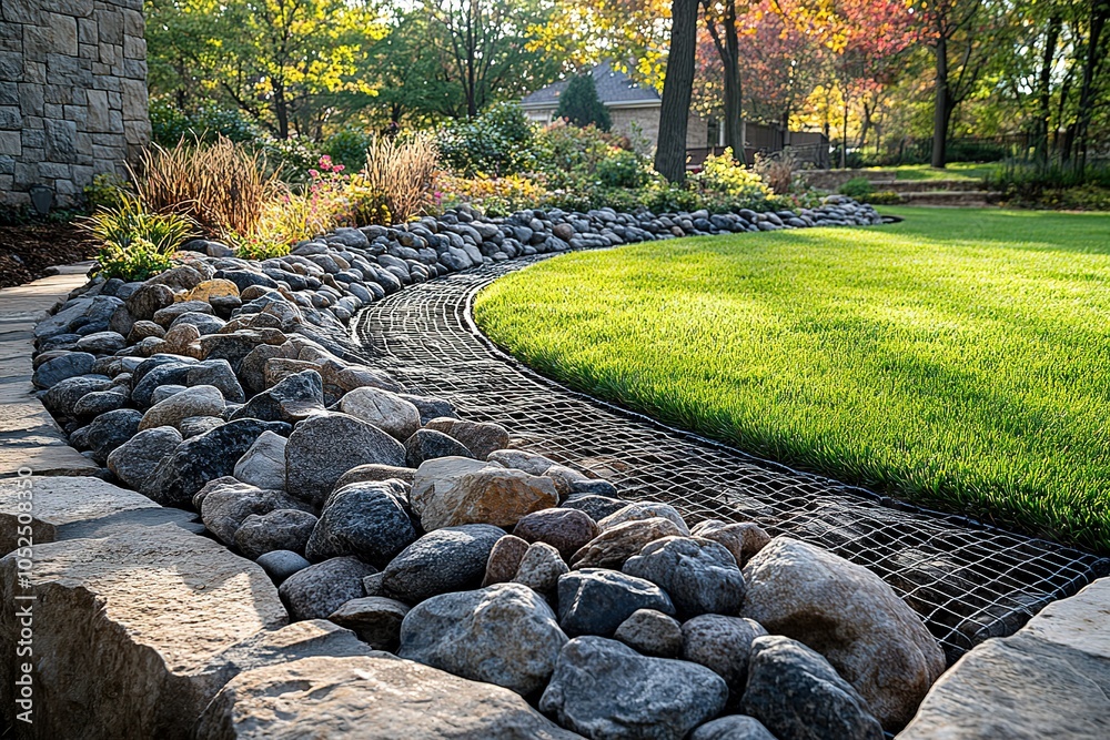 A dry creek bed with a metal grid for water drainage, winding through a ...