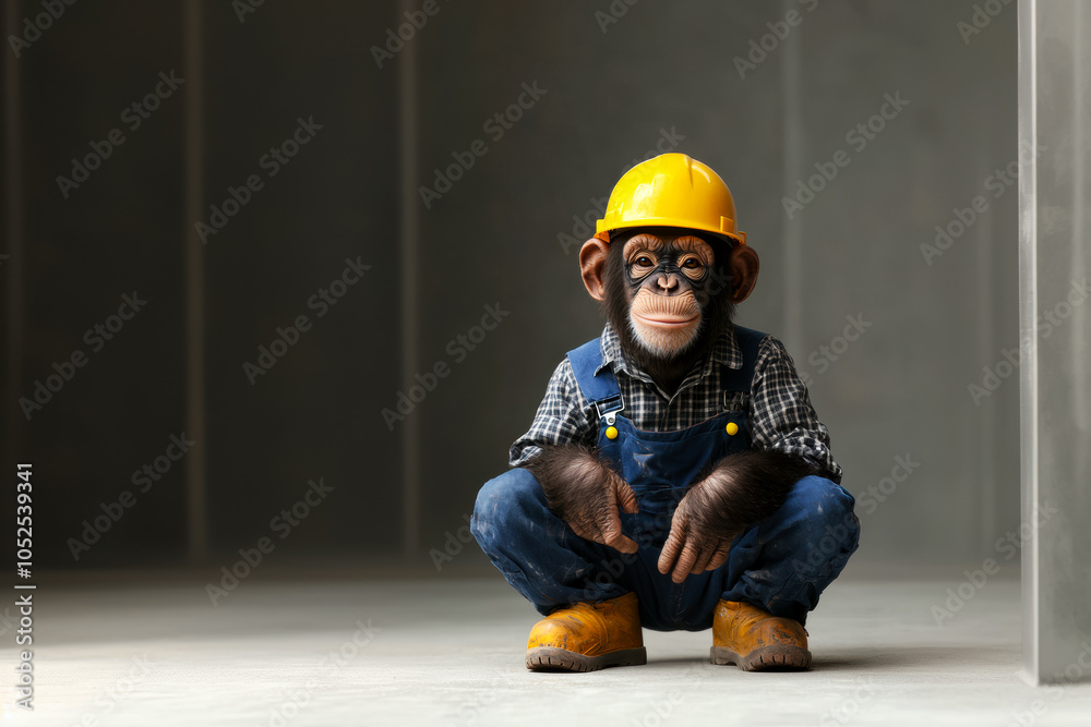 Chimpanzee in a builder's suit against the background of an office ...