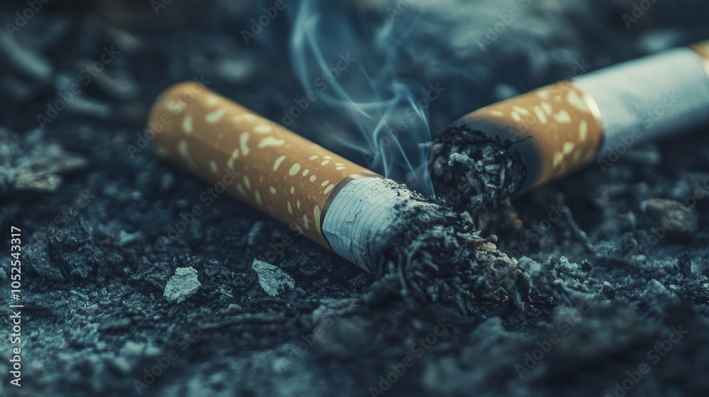 Two cigarettes lie burning on a gritty, gray ash-covered surface ...