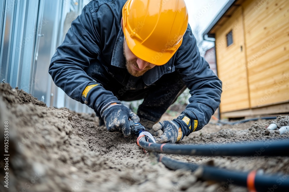 Electrician installing underground electrical lines for an outdoor shed ...