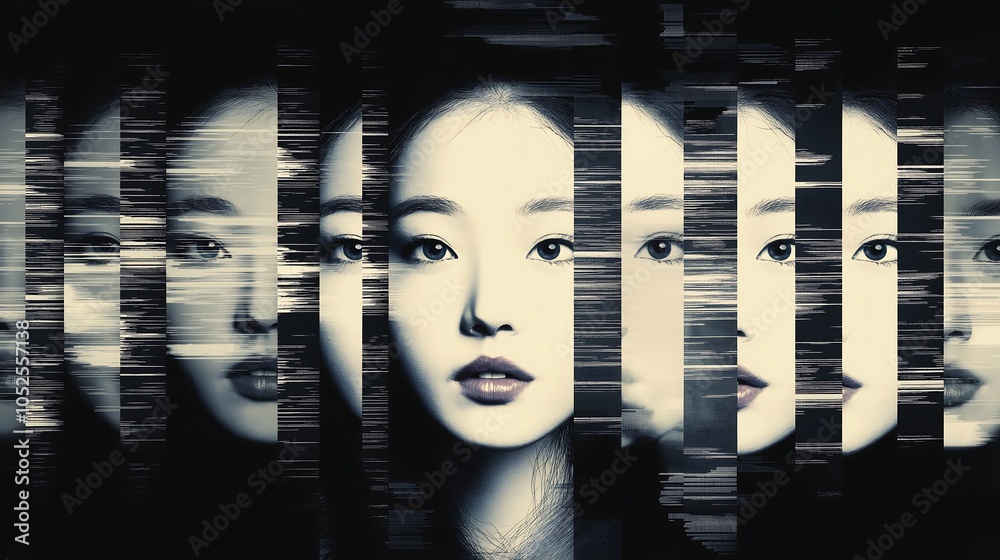 Glitched and distorted images featuring the face of an Asian woman ...