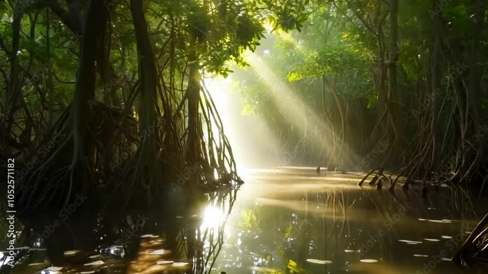 Green mangrove forest with morning sunlight. Mangrove ecosystem ...