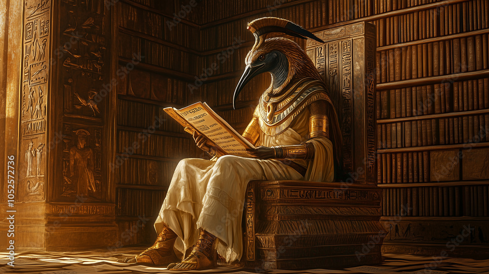 Ancient Egyptian god Thoth, with an ibis head, sits in a golden temple ...