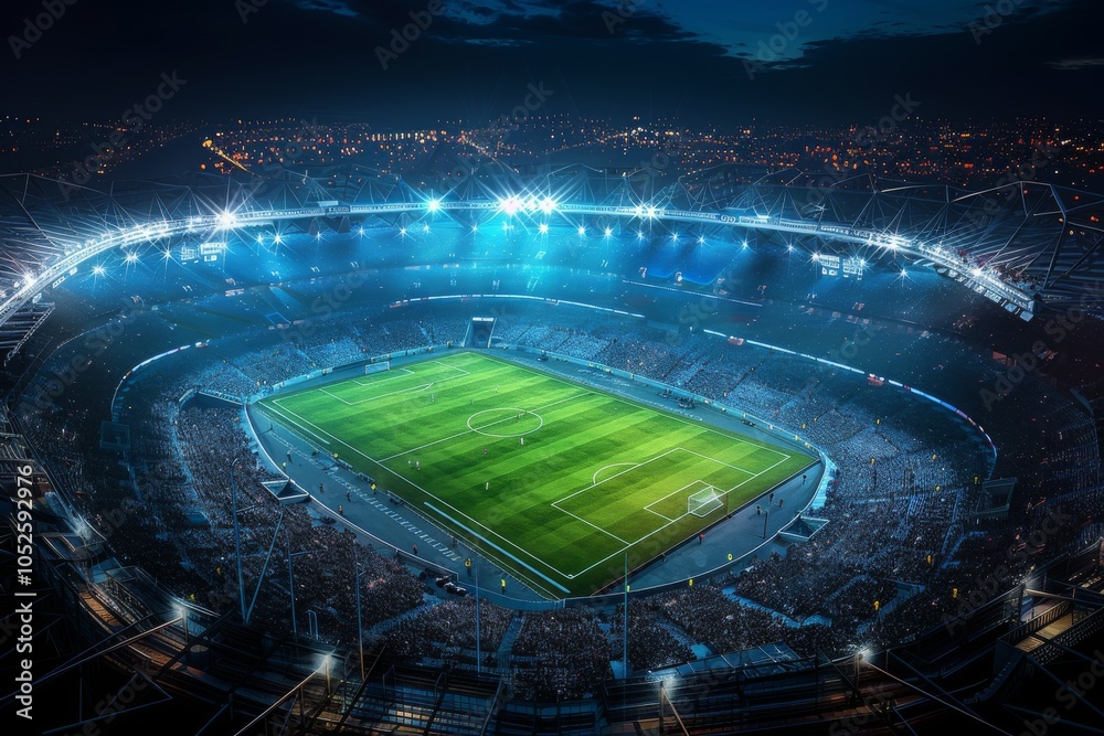 A futuristic football stadium with bright lights, captured in a 3D ...