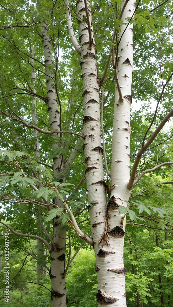 Silver birch tree with peeling white bark shimmering diamond shaped ...