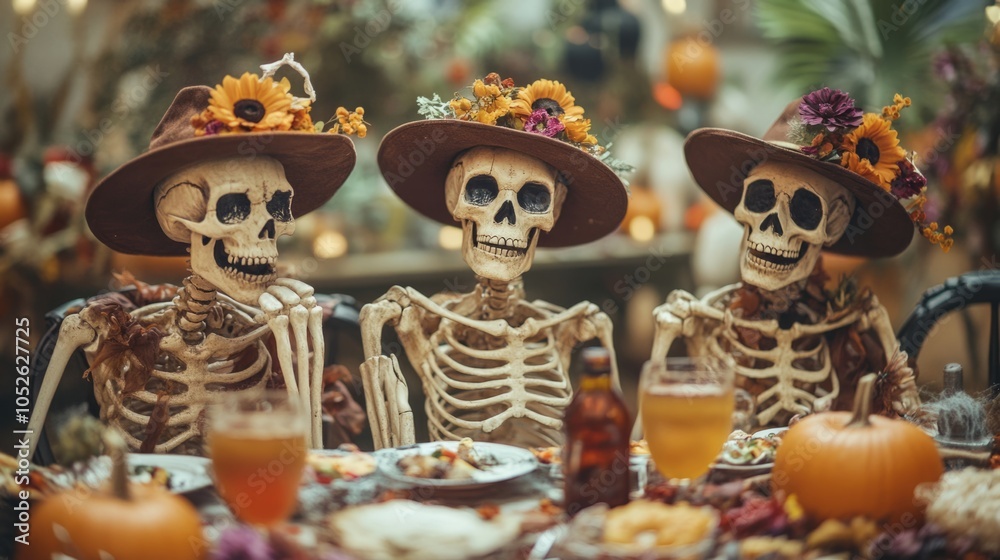 Group of scary Halloween skeletons sitting together on a table, wearing ...