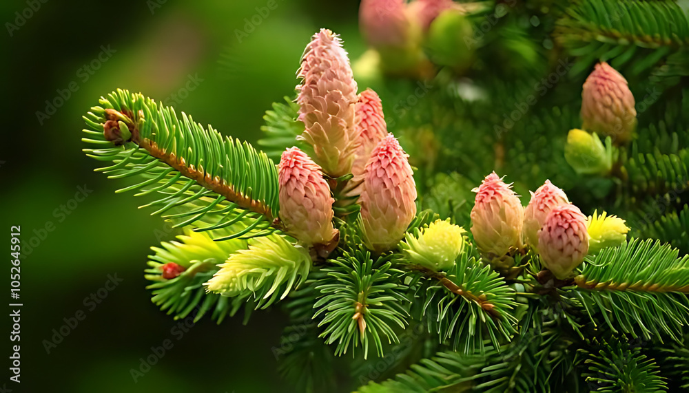 picea abies blossoms seen close spring delicate spruce buds begin form ...