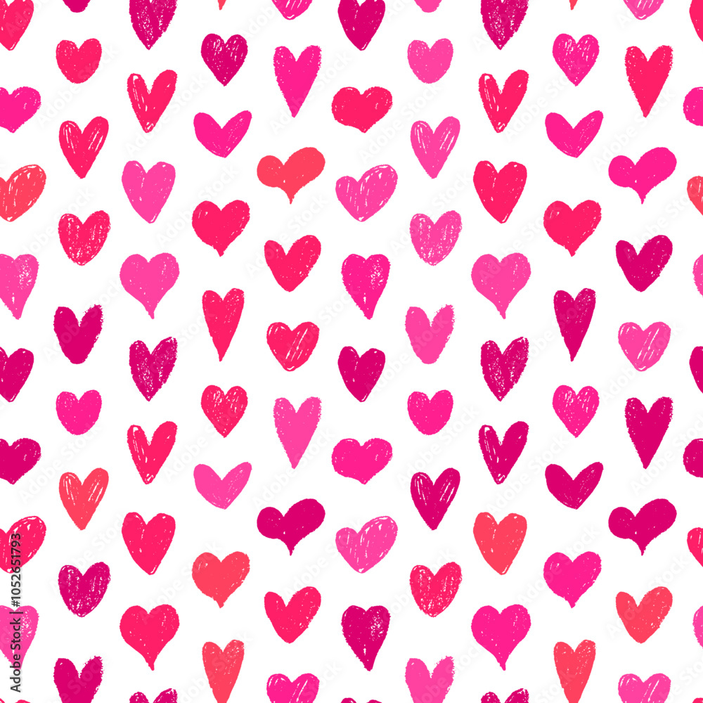 Red and pink heart shapes seamless pattern. Crayon drawn colorful ...