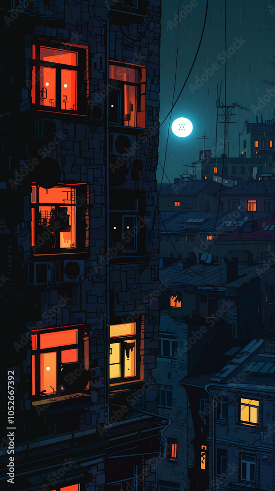 High-rise building with glowing windows under a blue night sky, full ...