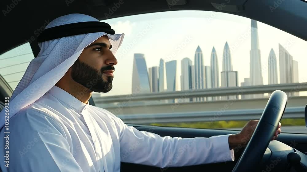 Arab man wearing traditional white attire, driving a modern car with a ...