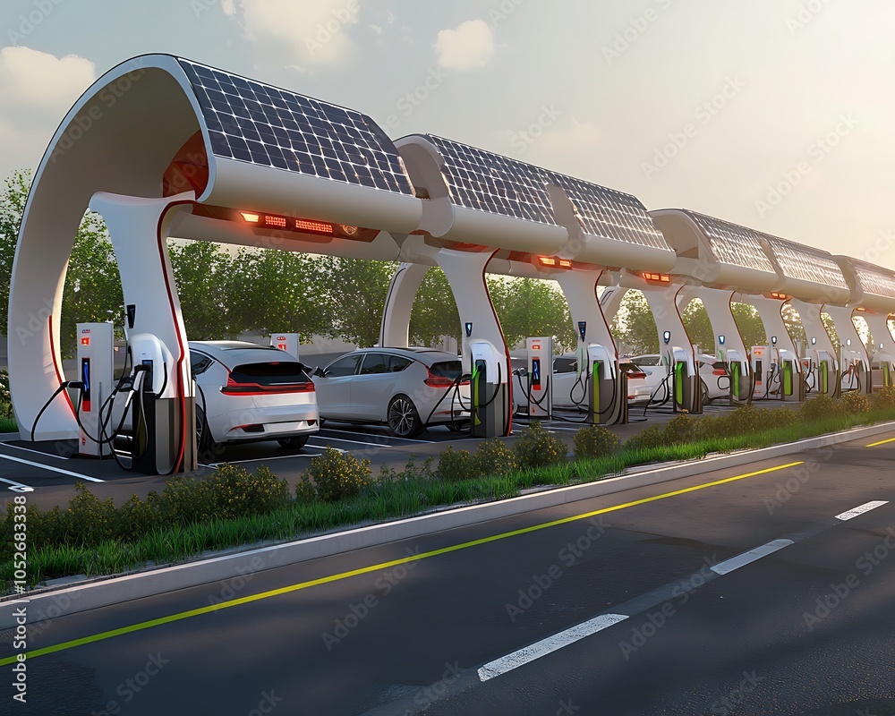 Futuristic electric charging station with several EVs connected to a ...