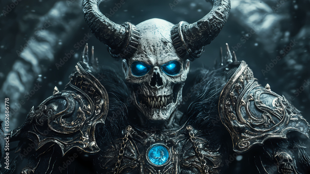 Evil skeleton or skull of a lich king with big horns and blue eyes in ...