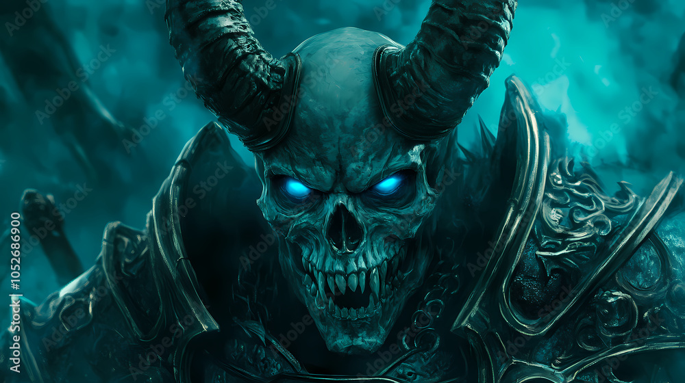 Evil skeleton or skull of a lich king with big horns and blue eyes in ...