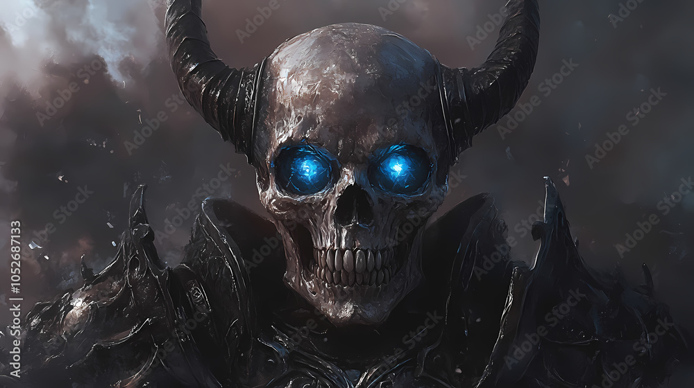 Evil skeleton or skull of a lich king with big horns and blue eyes in ...