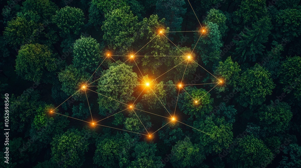 Lush green forest is overlaid with a network of illuminated nodes ...