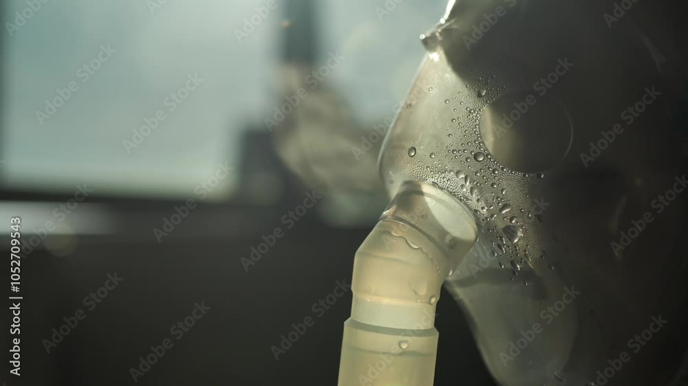 Close-up of a child wearing a plastic oxygen mask on his face inhaling ...